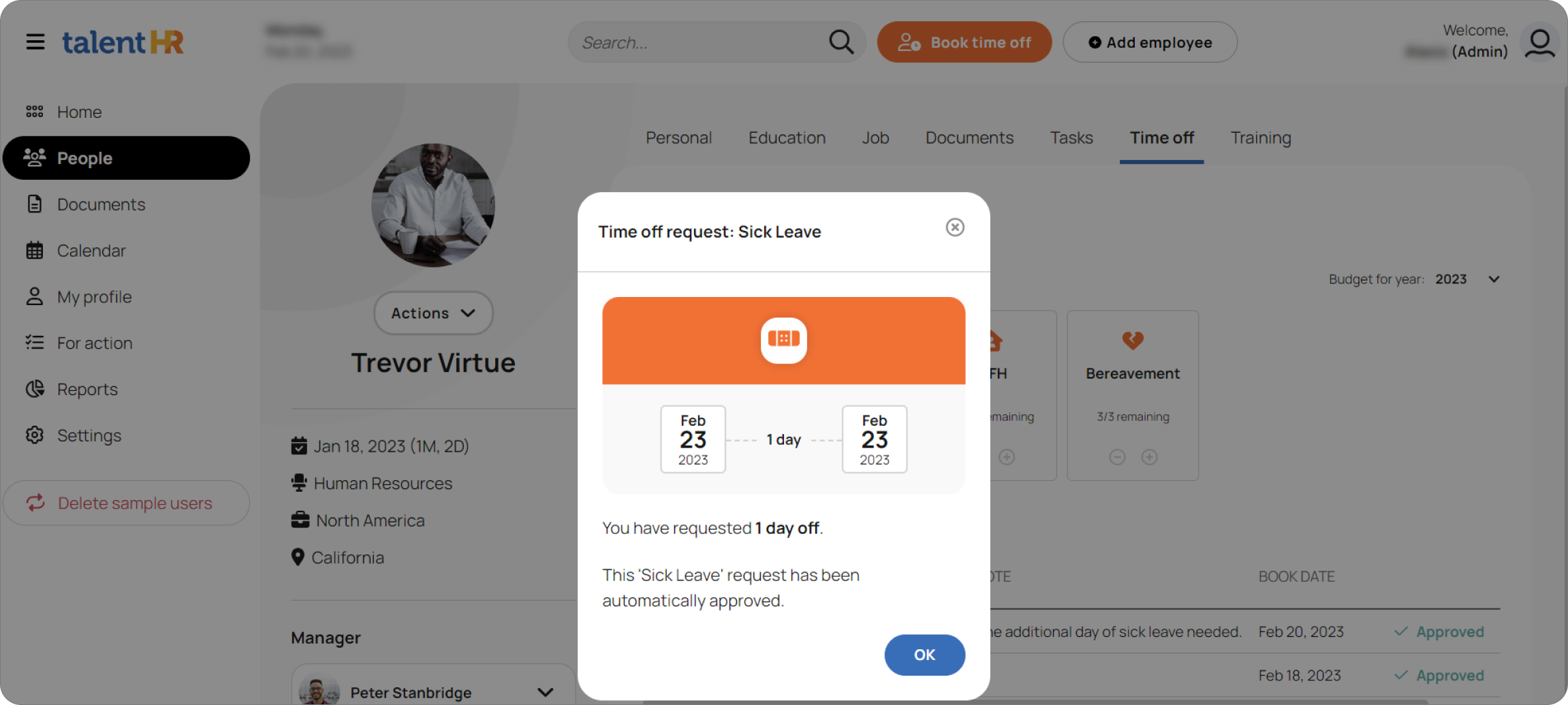 How To Add Pre approved Time Off To An Employee TalentHR Help Center